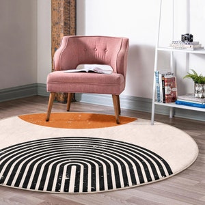 Rainbow & Sun Round Rug, Mid Century Circle Rug, Anti Slip Contemporary ...