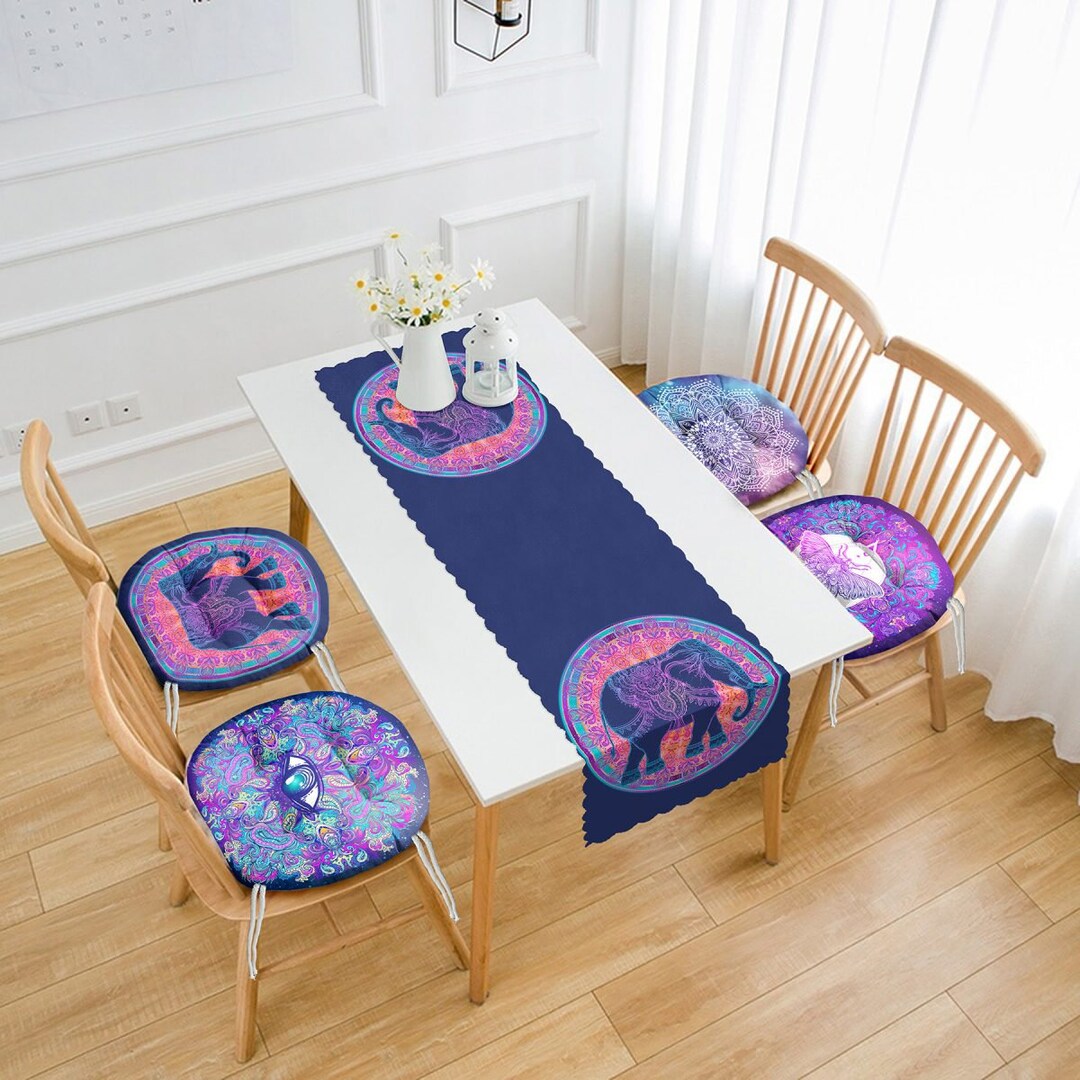 Boho Elephant Table Runner & Round Chair Pad Set, Blue White Evil Eye ...