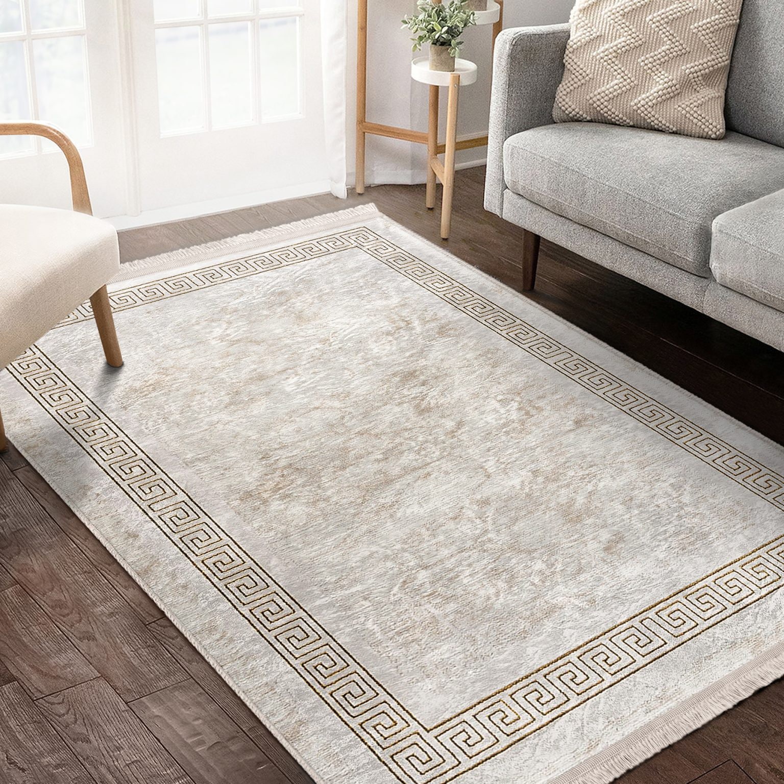 Greek Key Motif Area Rug, Classic Bordered Anti-slip Carpet, Solid ...