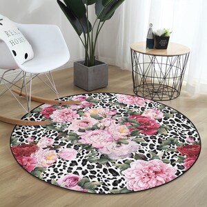 Leopard and Floral Design Round Rug, Anti Slip Elegant Round Rug, Pink ...