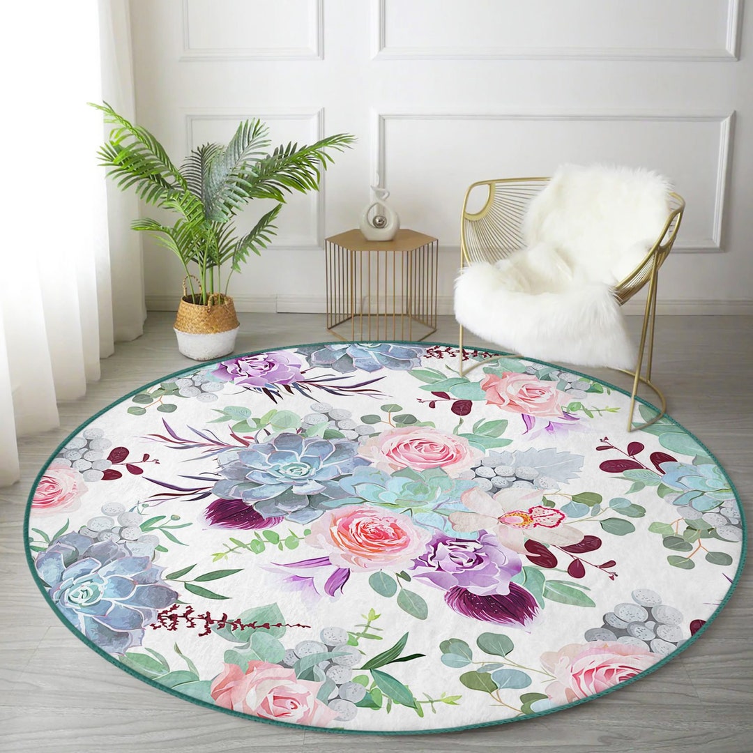 Colorful Floral Round Rug, Non Slip Rose and Succulent Circle Rug ...