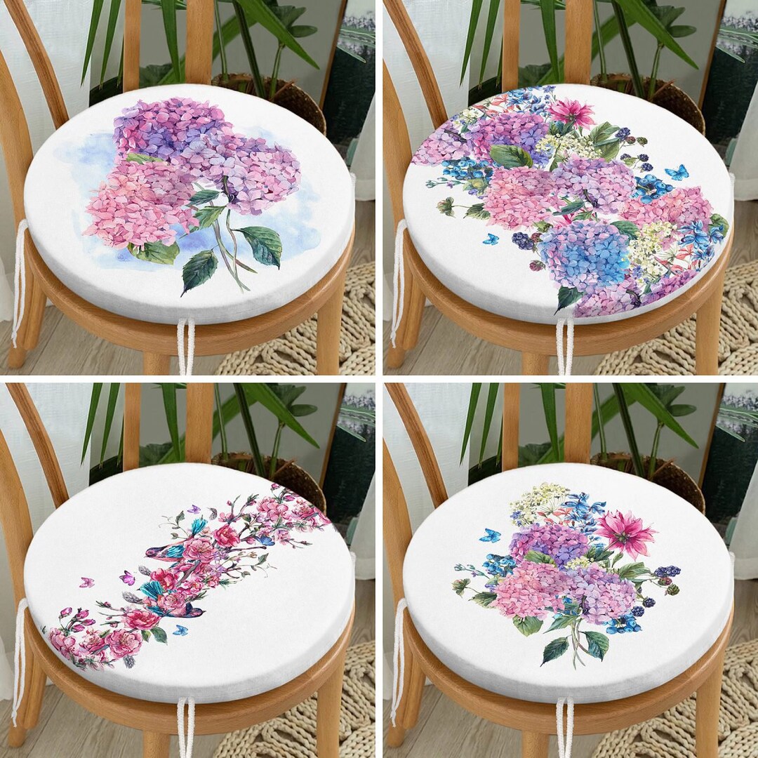 Hydrangea Flower Design Round Chair Covers With Ties, Pink Purple ...