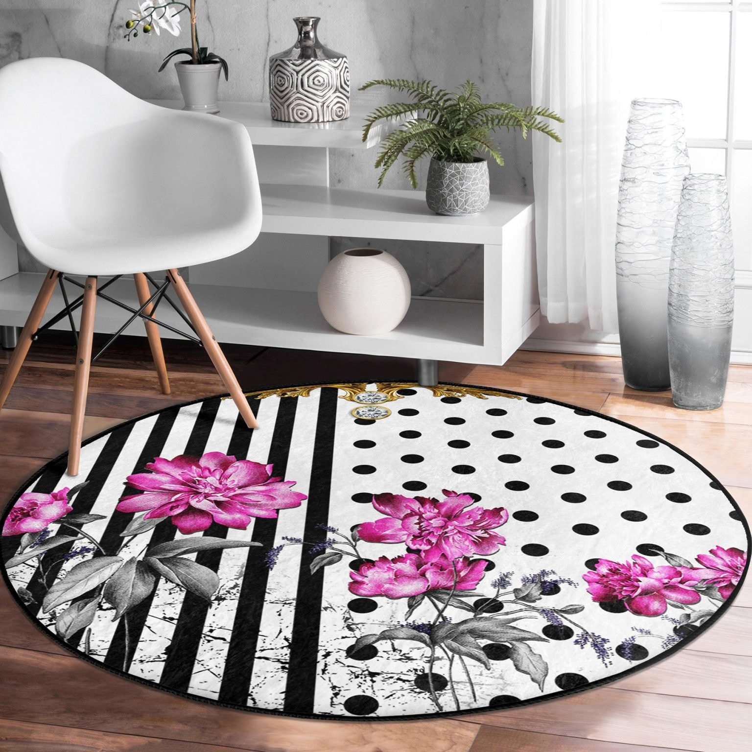 Black & White Round Rug, Pink Floral Circle Rug, Anti Slip Round Carpet ...