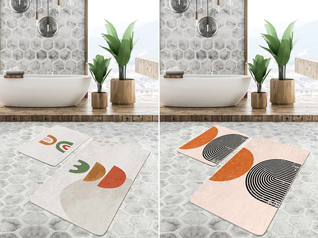 Set of 2 Modern Bath Mat, Sun and Rainbow Non Slip Bathroom Rug ...