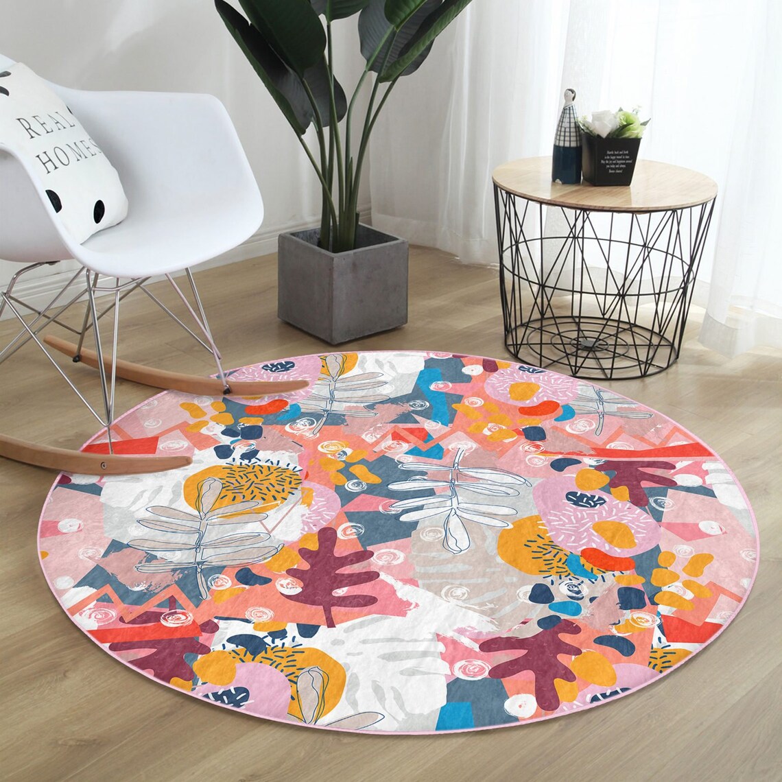 Multicolor Round Rug Abstract Floral Circle Rug Non Slip - Etsy