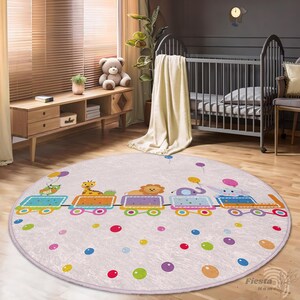Animal Train Kids Rug, Colorful Balloons Nursery Carpet, Cute Animals ...
