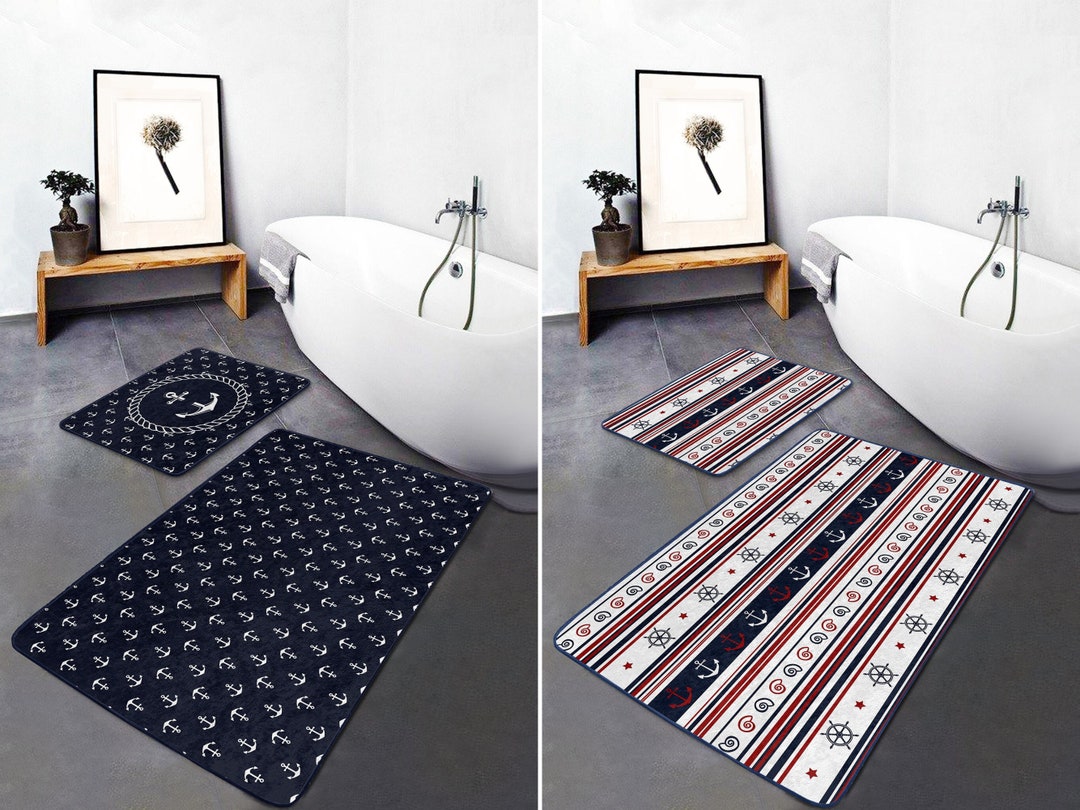 Nautical Bath Mat Set, Anchor Bathroom Rug, Non Slip Kitchen Floor Mat ...