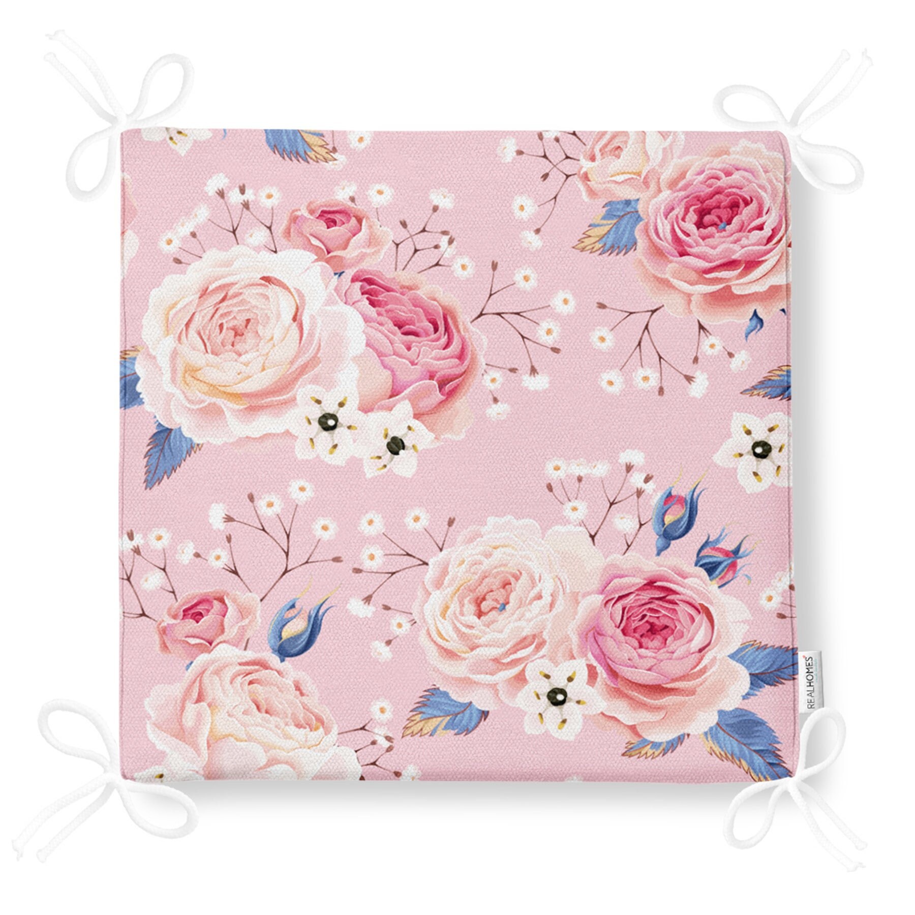 Pink Rose Chair Cushion With Ties, Pink Accent Garden Seat Cover, Patio ...