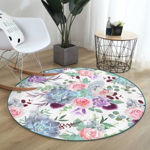 Colorful Floral Round Rug, Non Slip Rose and Succulent Circle Rug ...