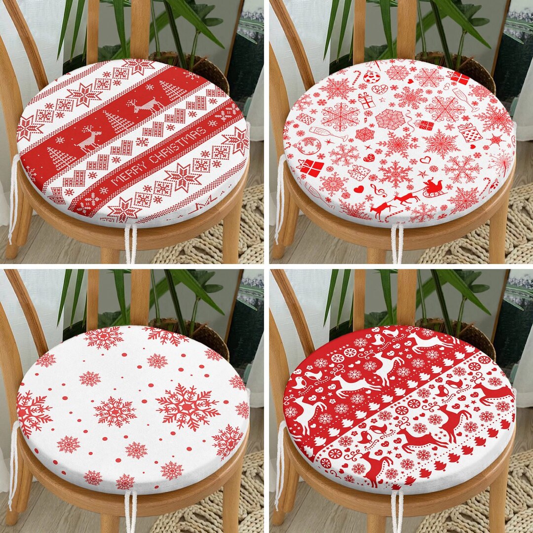 Merry Christmas Print Round Chair Cushions With Ties, Red Snowflake Set ...