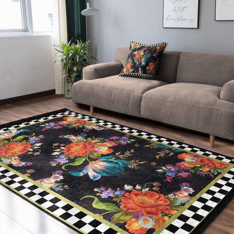 Floral Area Rug, Black & White Checkered Rugs, Orange Flowers Carpet ...