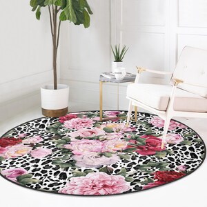 Leopard and Floral Design Round Rug, Anti Slip Elegant Round Rug, Pink ...