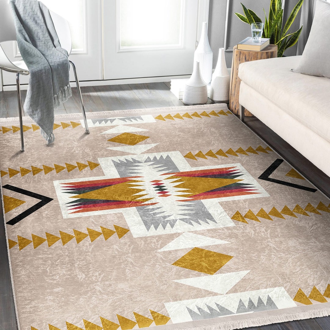 Beige Aztec Area Rug, Southwestern Non-slip Carpet, Ethnic Dining Room ...