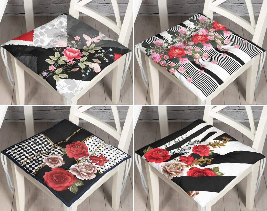 Red Rose Chair Cushion - Puffy Floral Seat Pad With Secure Ties - Etsy
