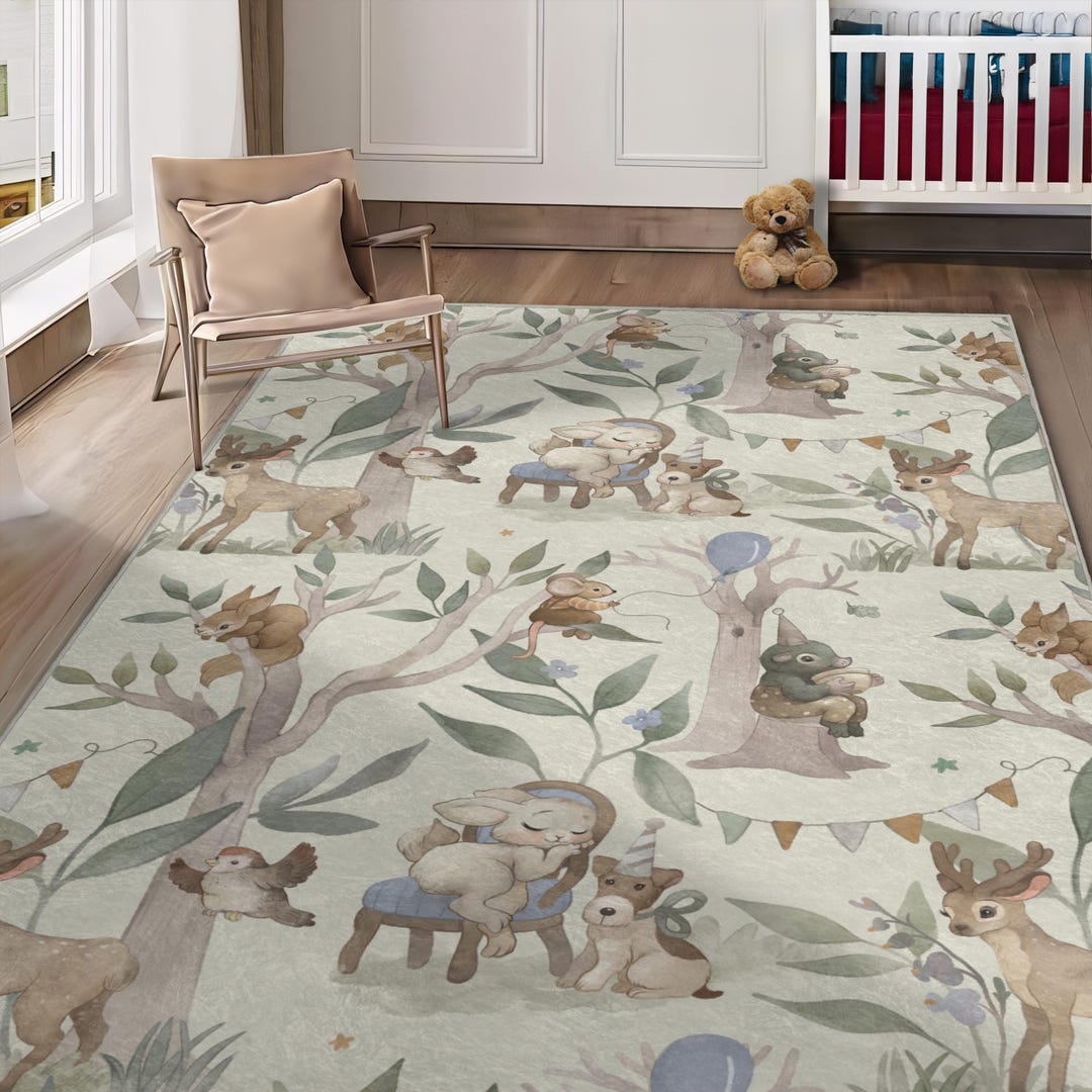 Forest Animals Nursery Rug, Watercolor Woodland Kids Room Rug, Non-slip ...