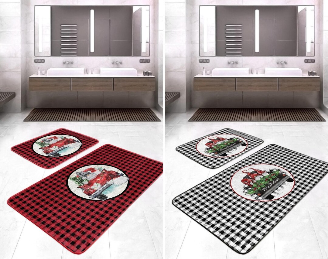 Merry Christmas Checkered Bath Mat 2 Pcs Set, Black White Bathroom ...