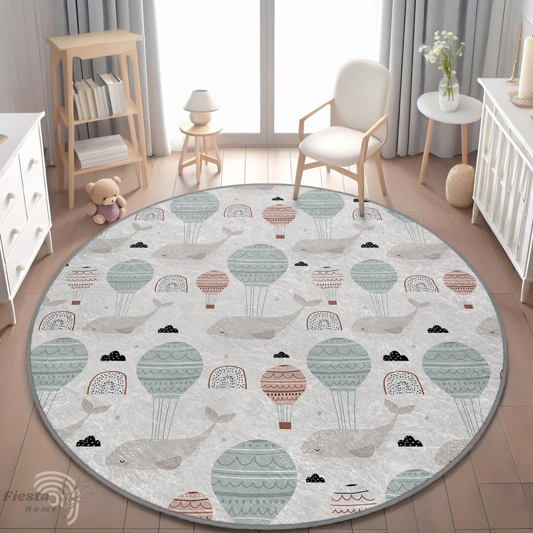 Boho Kids Room Rug, Sleeping Whales Nursery Carpet, Hot Air Balloon ...