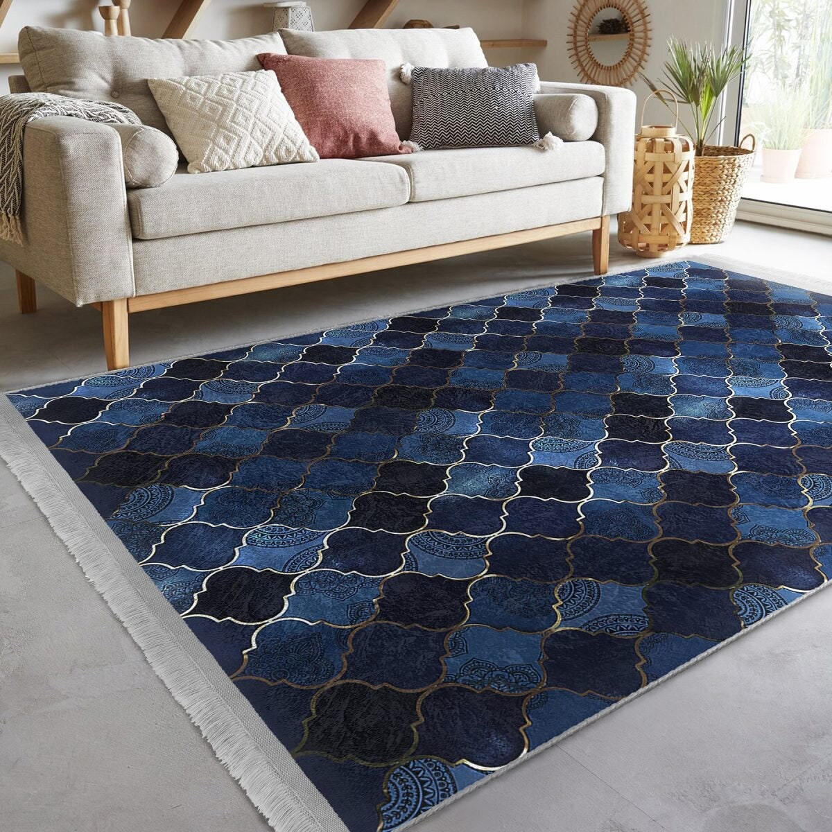 Blue Geometric Rugs, Moroccan Trellis Style Area Rugs, Ogee Pattern ...