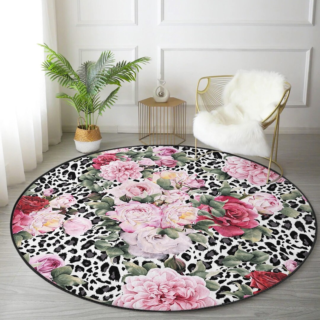 Leopard and Floral Design Round Rug, Anti Slip Elegant Round Rug, Pink ...
