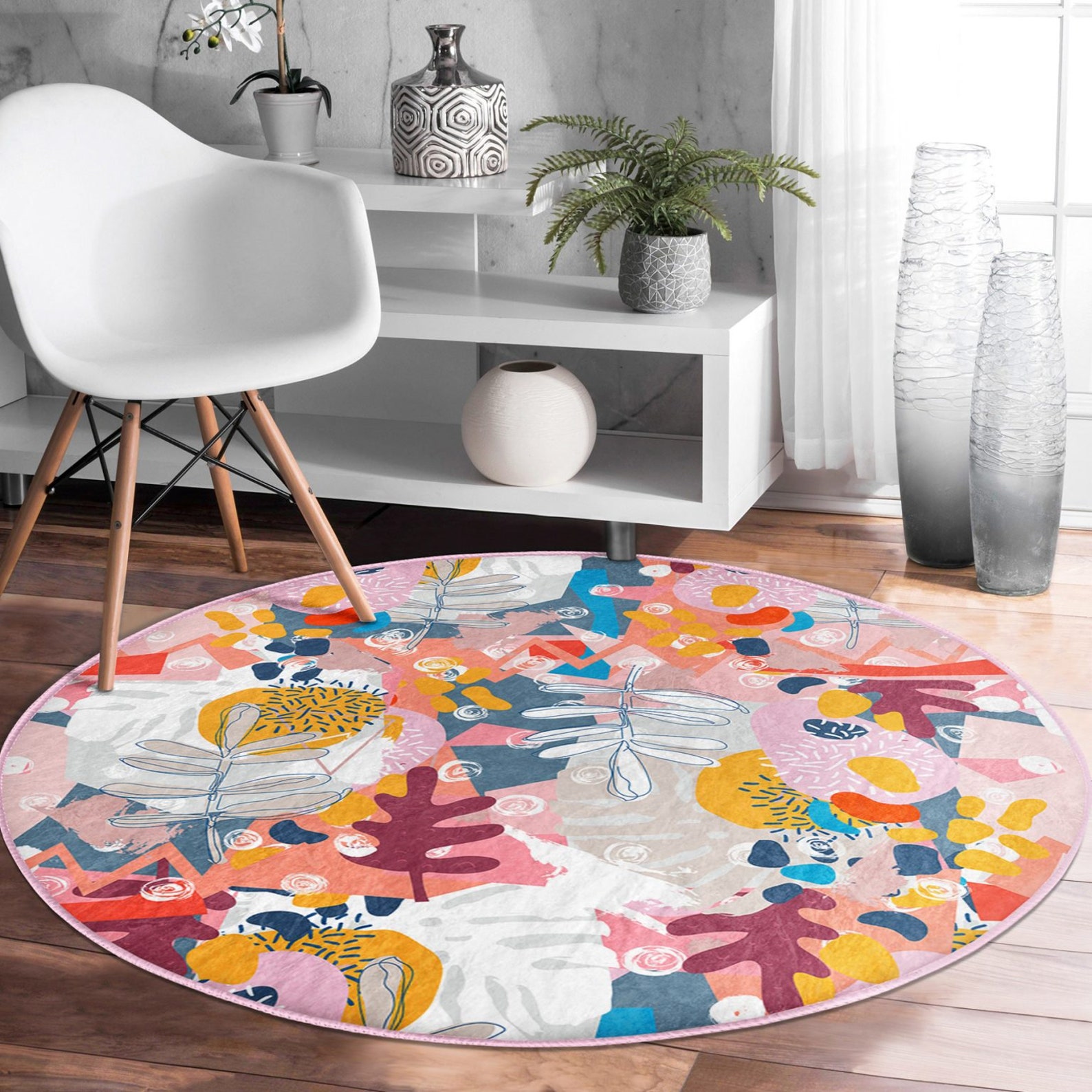 Multicolor Round Rug Abstract Floral Circle Rug Non Slip - Etsy