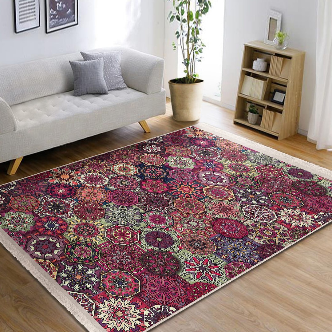 Mandala Style Rug, Colorful Anti-slip Area Rug, Bohemian Living Room ...