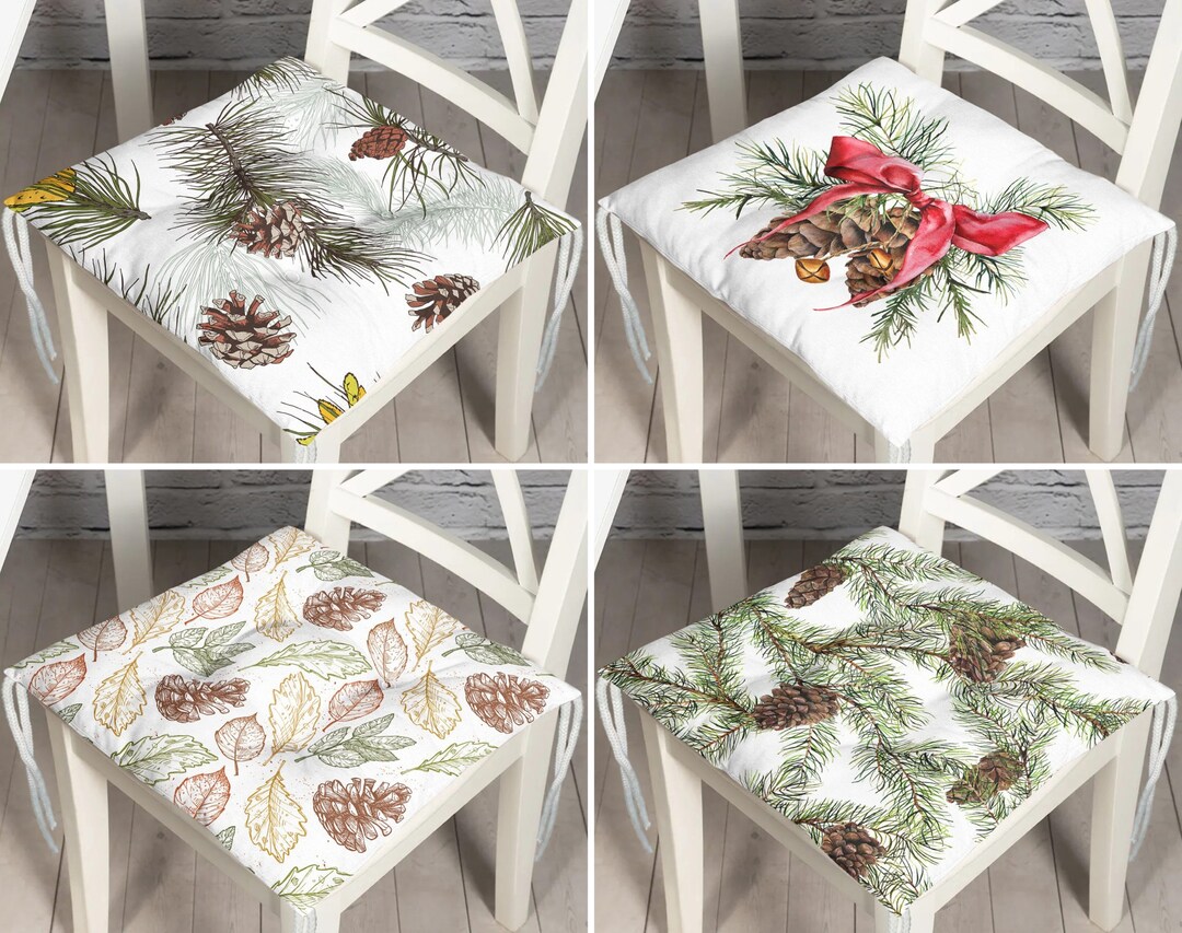 Festive Pine Cone Chair Cushion: Puffy Seat Cover (ribbon Ties, 16x16 ...