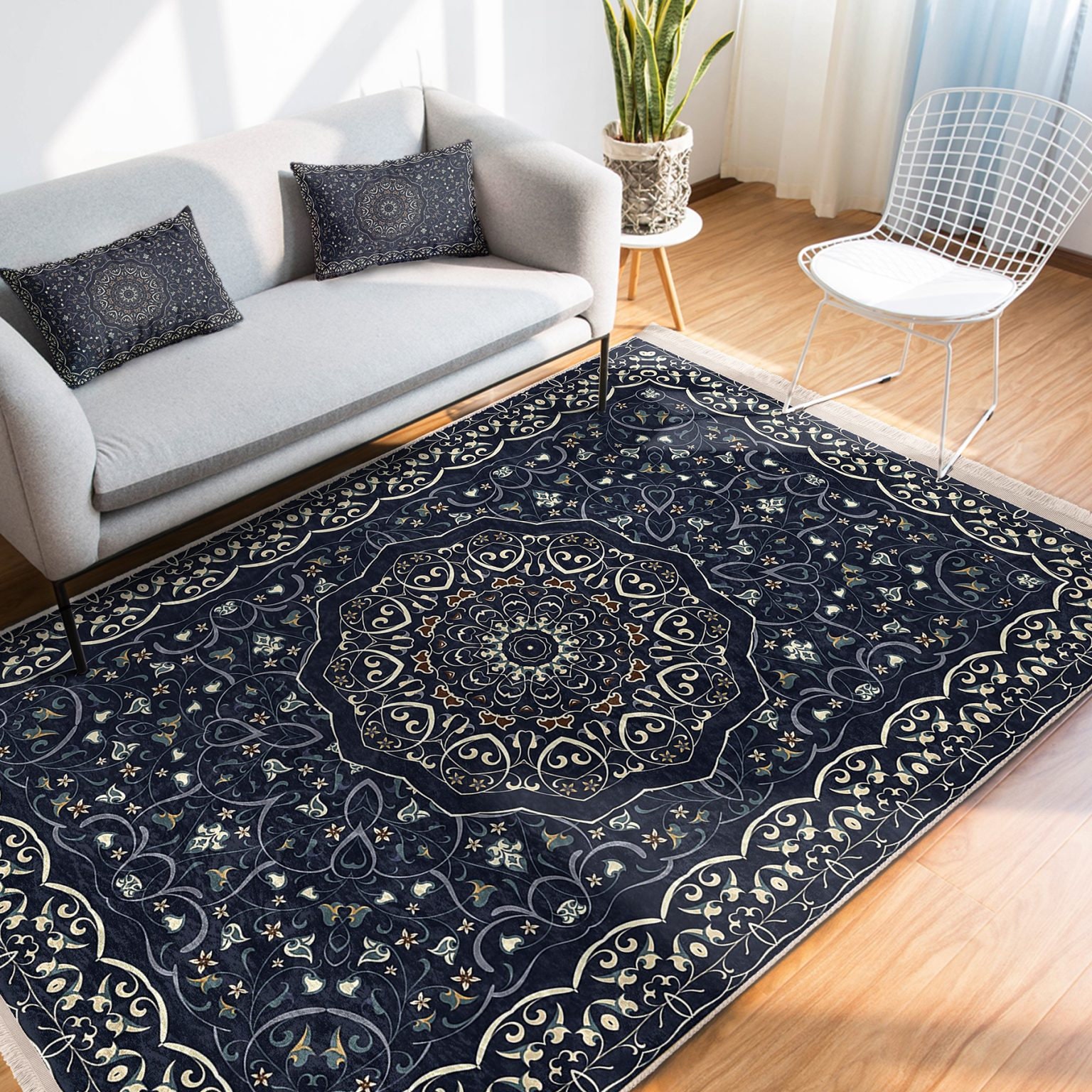 Oriental Area Rug, Blue Persian Style Rug, Medallion Design Non-slip ...