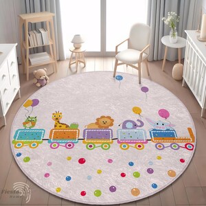 Animal Train Kids Rug, Colorful Balloons Nursery Carpet, Cute Animals ...