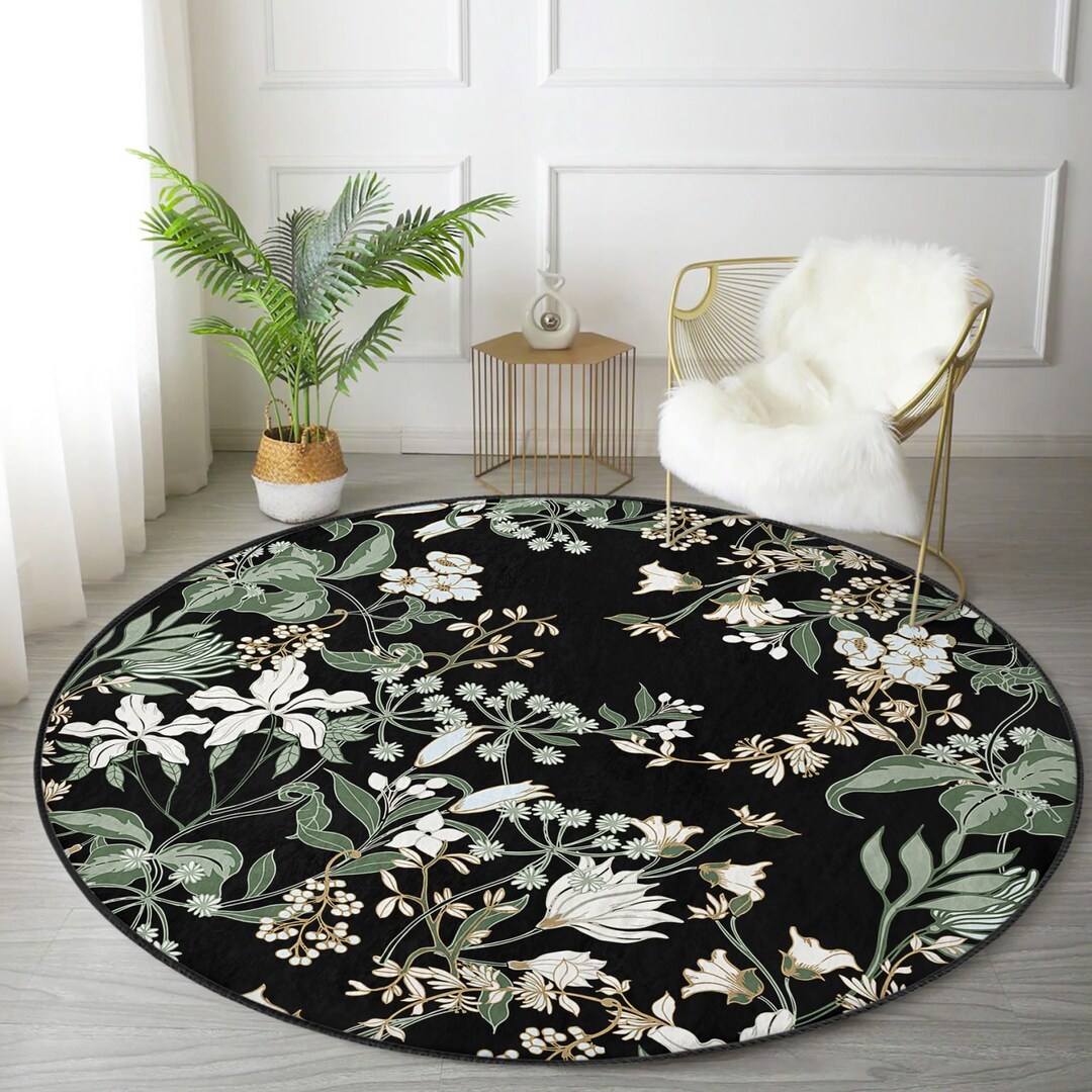 Greenery and Flowers Round Rug, Black Non Slip Circle Rugs, Garden ...