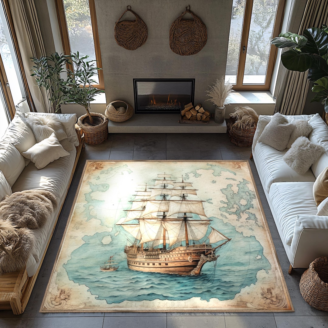 Vintage Nautical Map Rug, Non-slip Sailing Ship Carpet, Ocean Landscape ...