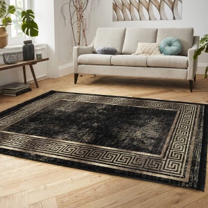 Greek Key Area Rug, Luxury Soft Living Room Rug, Gold Bordered Non-slip ...