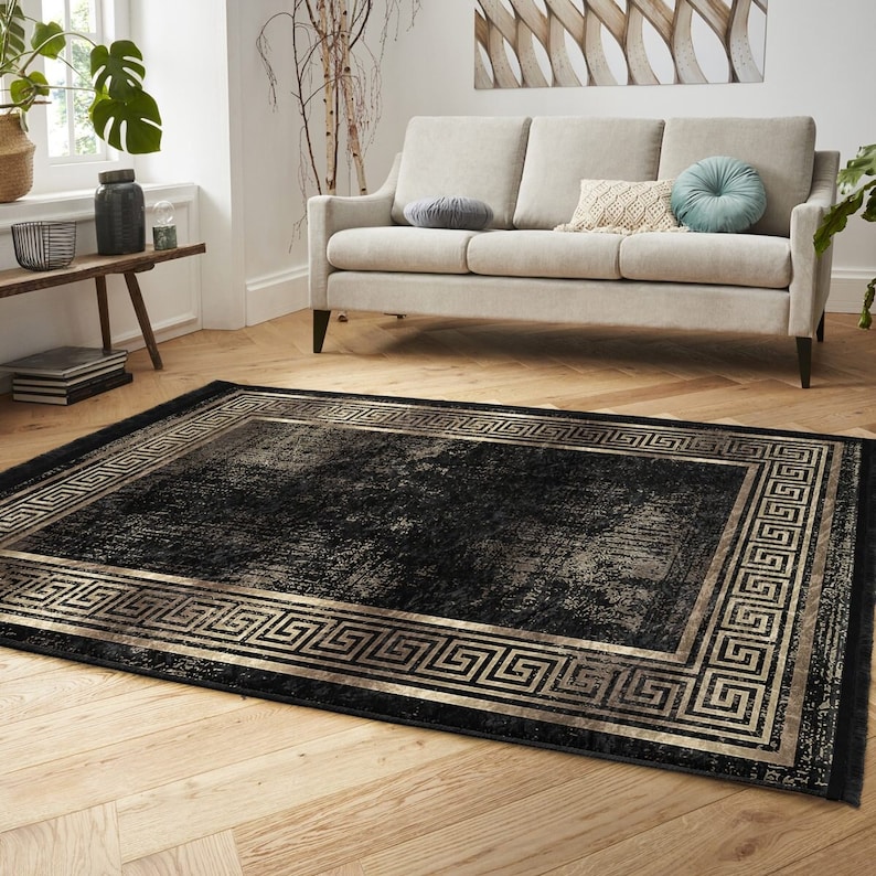 Greek Key Area Rug, Luxury Soft Living Room Rug, Gold Bordered Non-slip ...