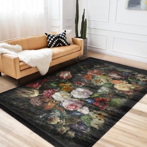 Black Rug With Flower, Pink Roses Non Slip Carpet, Stylish Washable ...