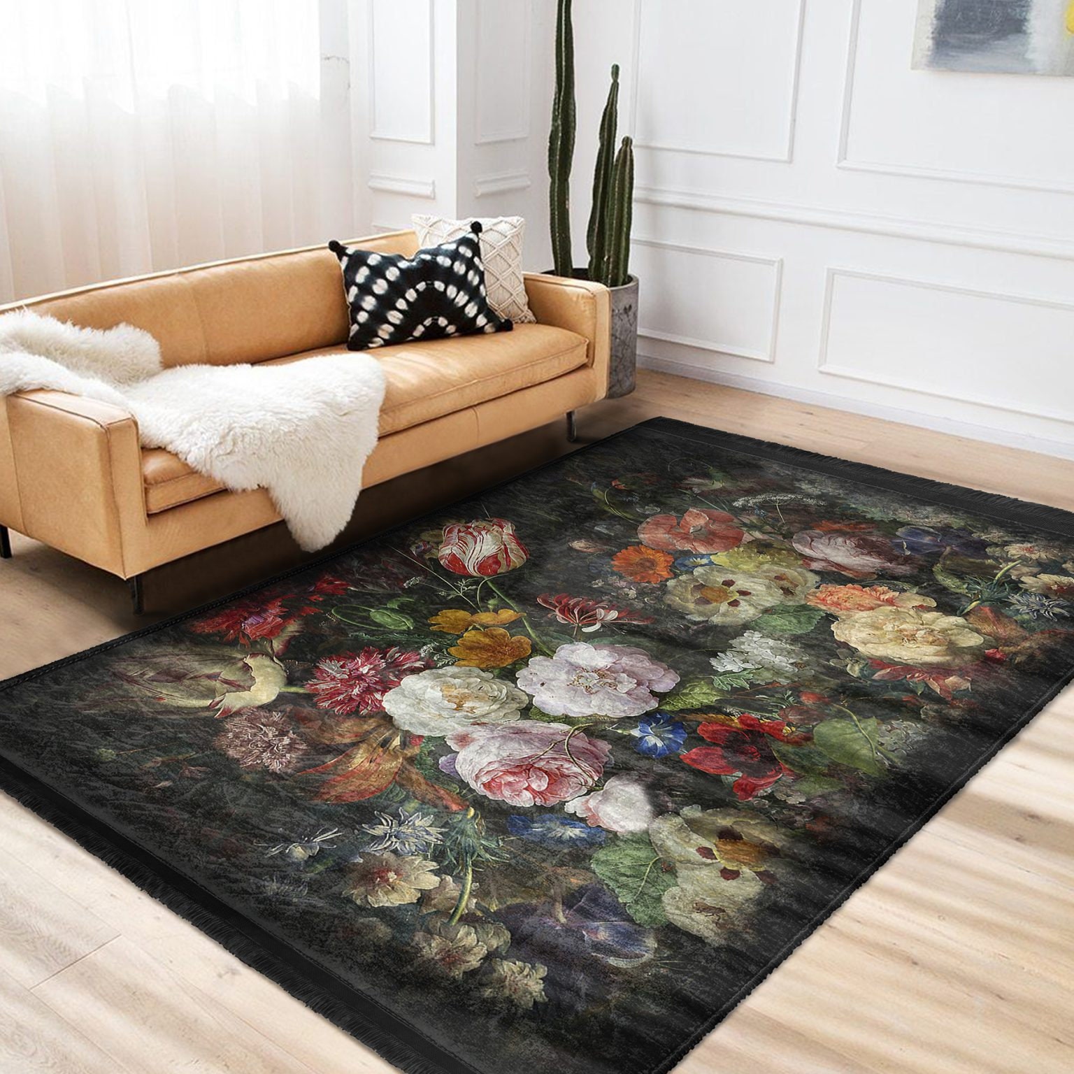 Black Rug With Flower, Pink Roses Non Slip Carpet, Stylish Washable ...