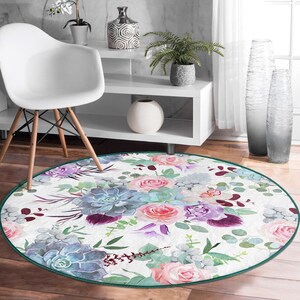 Colorful Floral Round Rug, Non Slip Rose and Succulent Circle Rug ...