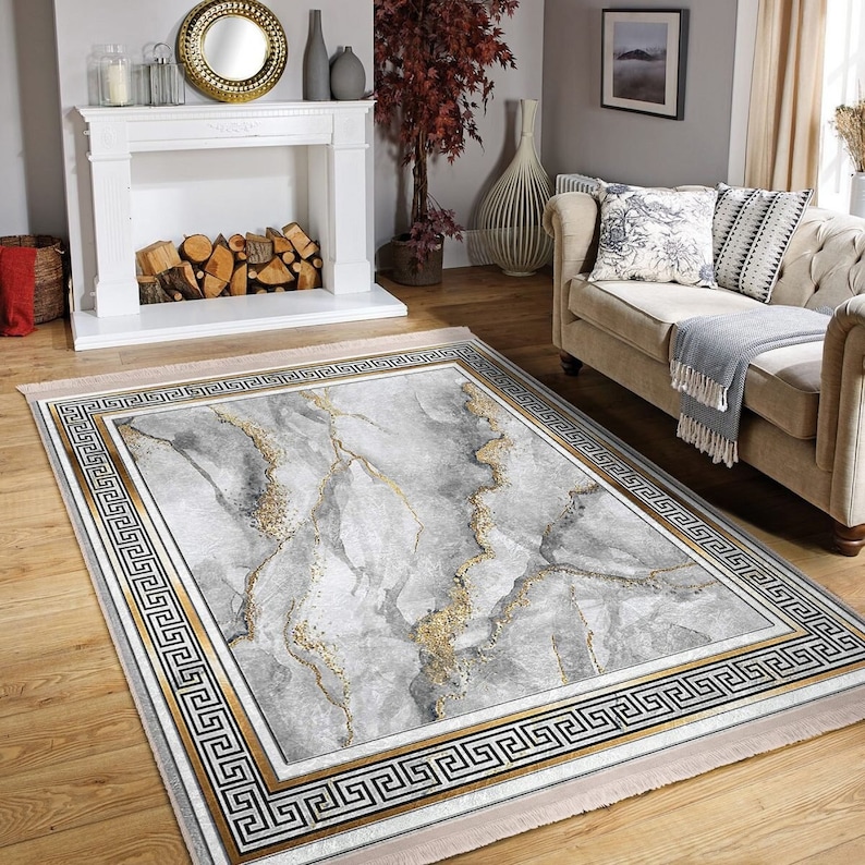 Gray Marble Rug, Grey & Gold Non-slip Kitchen Rug, Marble Living Room ...