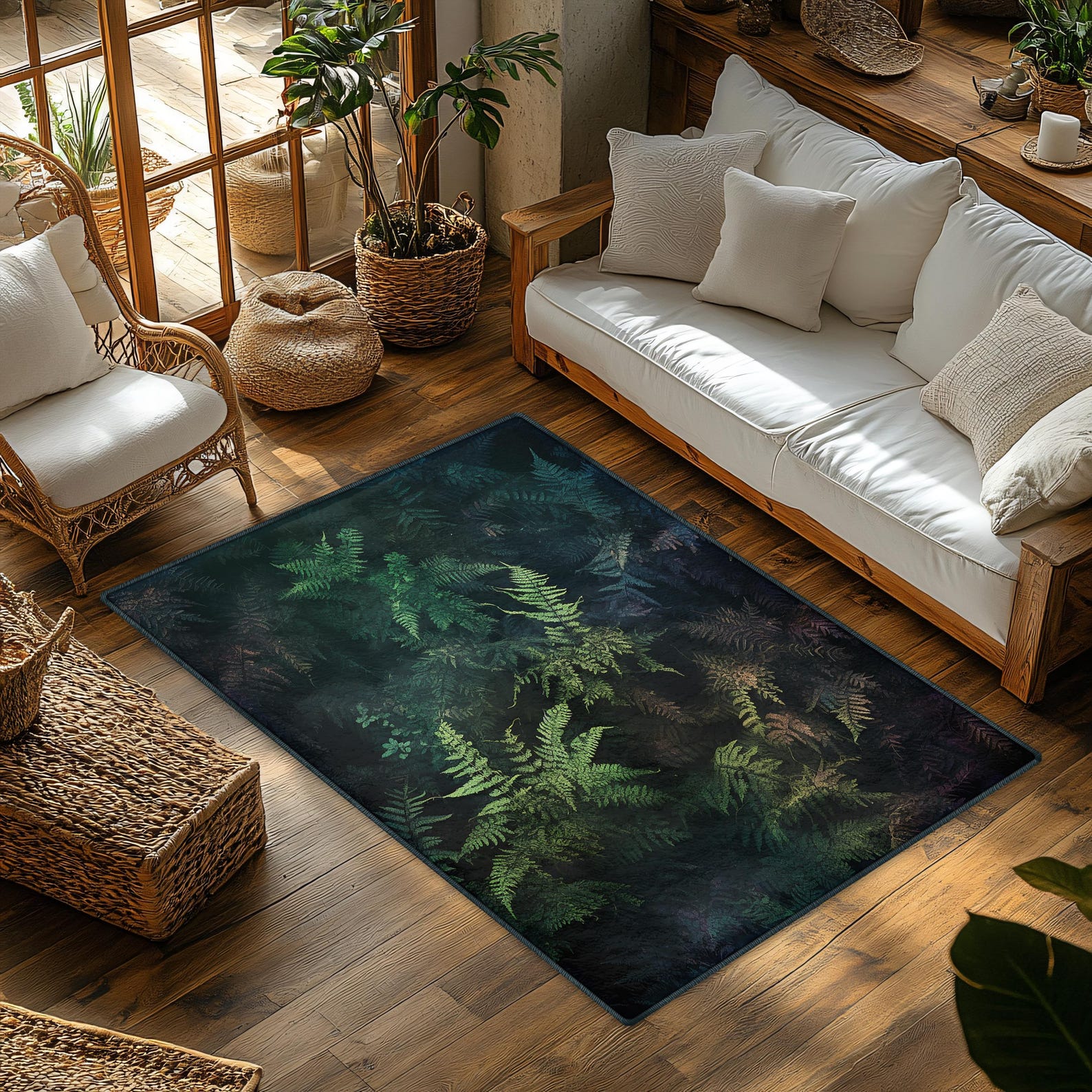 Living Room Rug: Tropical Emerald Fern Leaves - Durable, Machine ...
