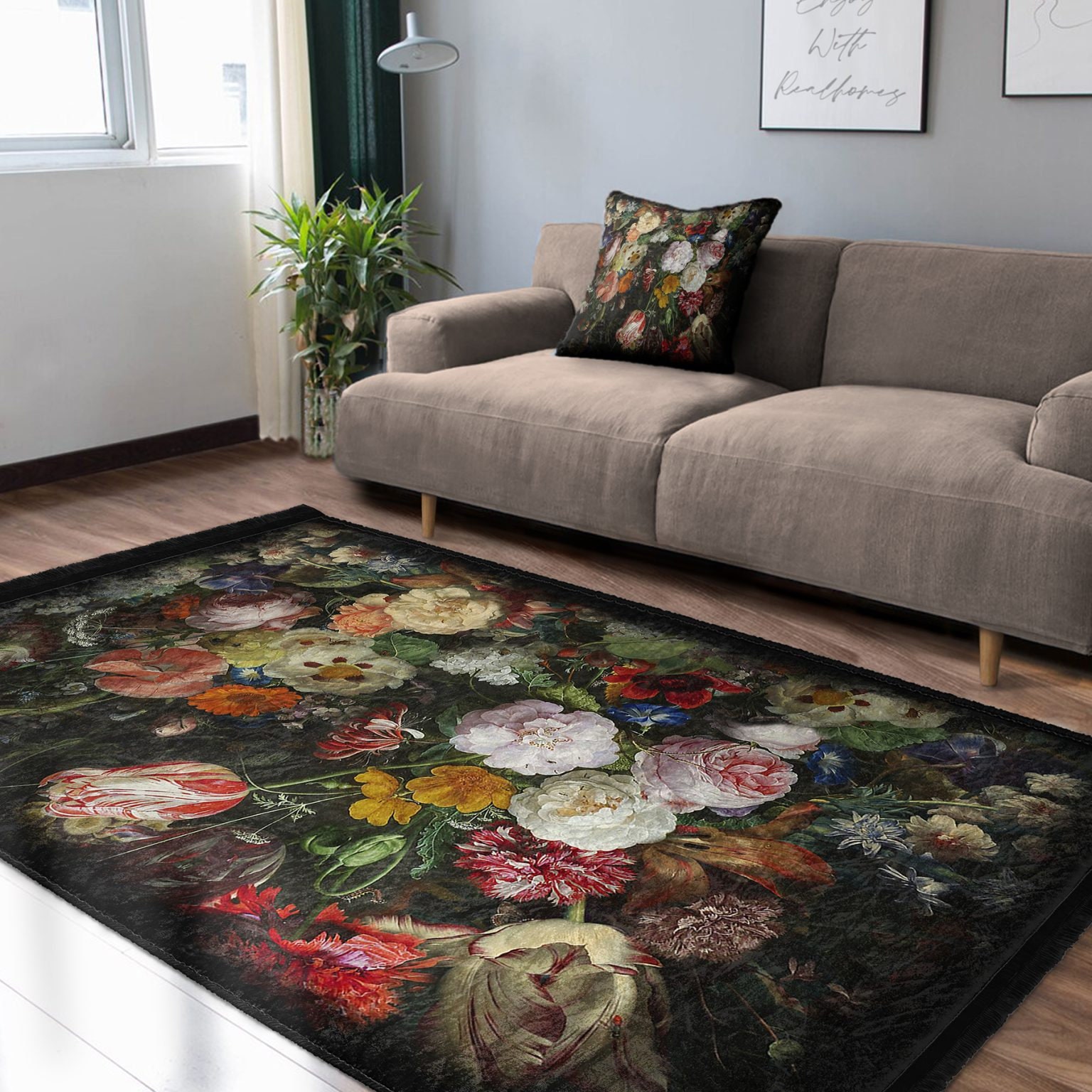 Black Rug With Flower, Pink Roses Non Slip Carpet, Stylish Washable ...