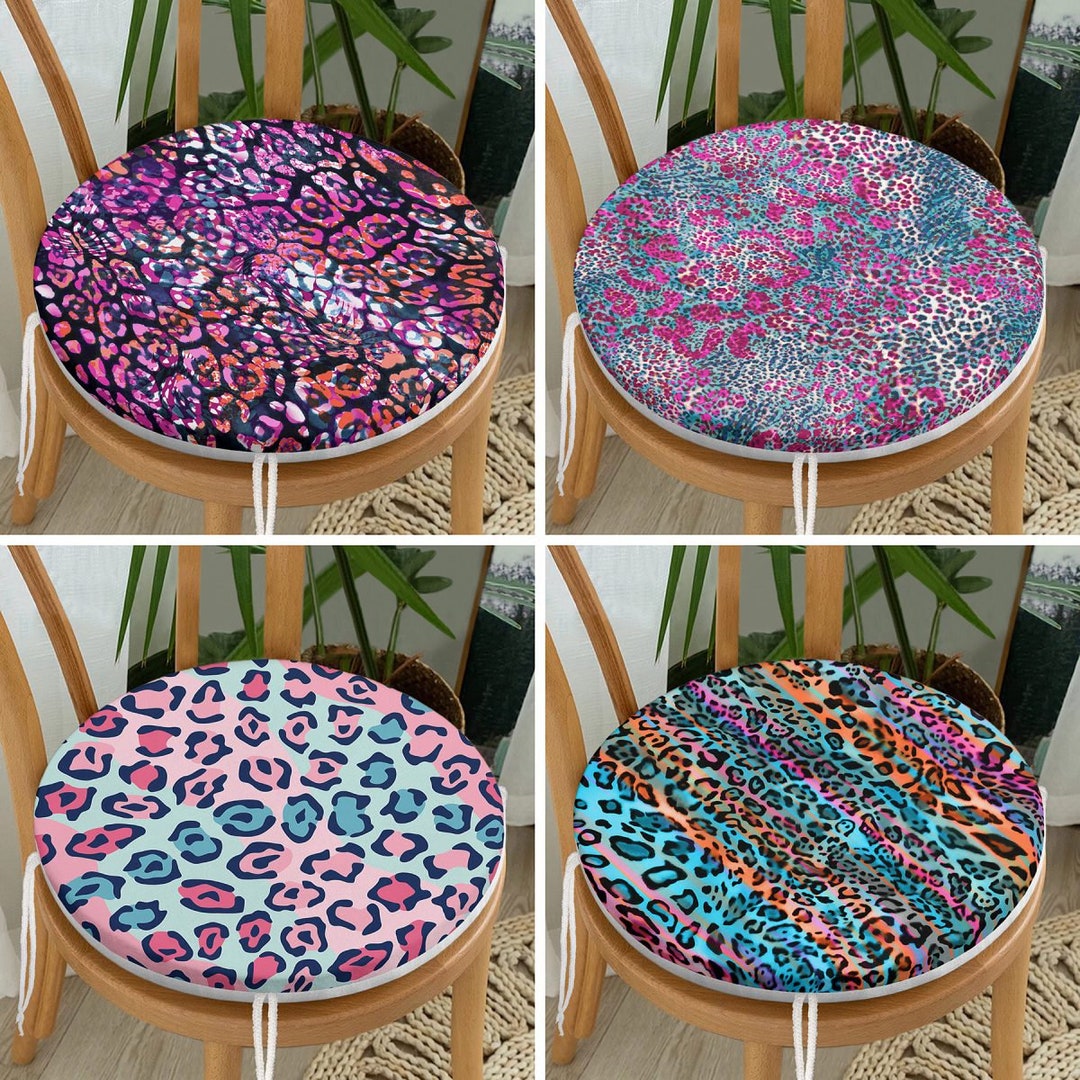 Glitter Leopard Design Round Chair Pads With Ties, Cheetah Pattern Set ...