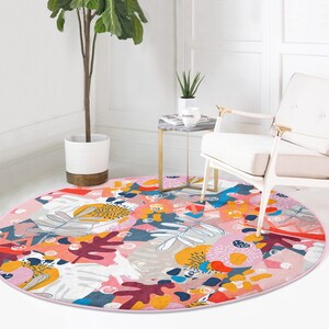 Multicolor Round Rug, Abstract Floral Circle Rug, Non Slip Bedroom ...