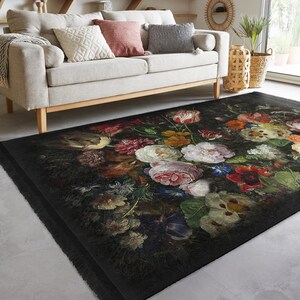 Black Rug With Flower, Pink Roses Non Slip Carpet, Stylish Washable ...