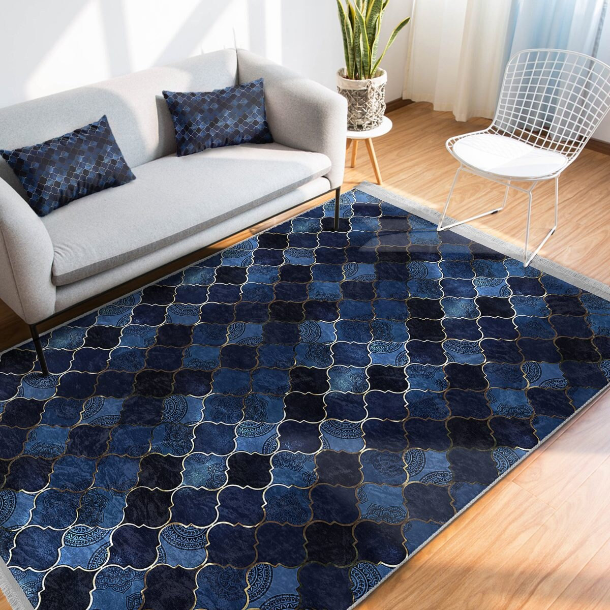 Blue Geometric Rugs, Moroccan Trellis Style Area Rugs, Ogee Pattern ...