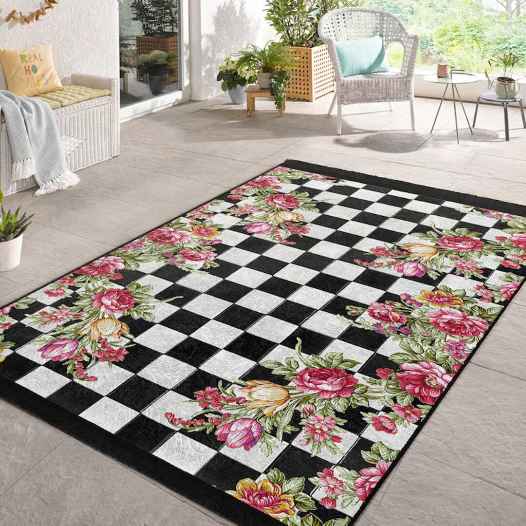 Checkered Floral Runner Rug: Black White With Pink Flowers - Etsy