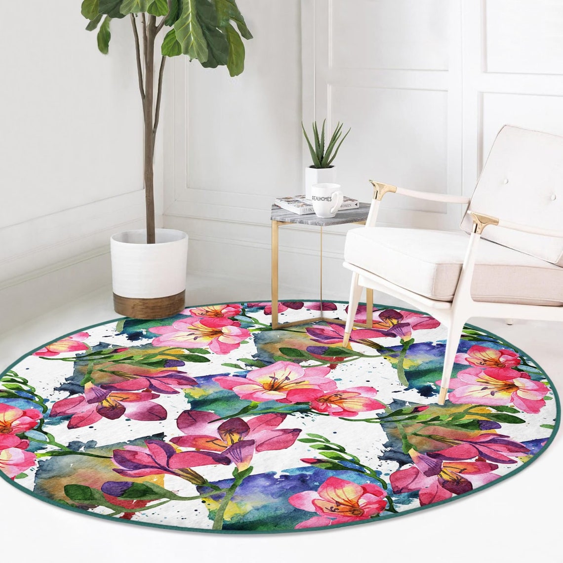 Watercolor Floral Round Rug, Non Slip Colorful Flowers Circle Rugs ...
