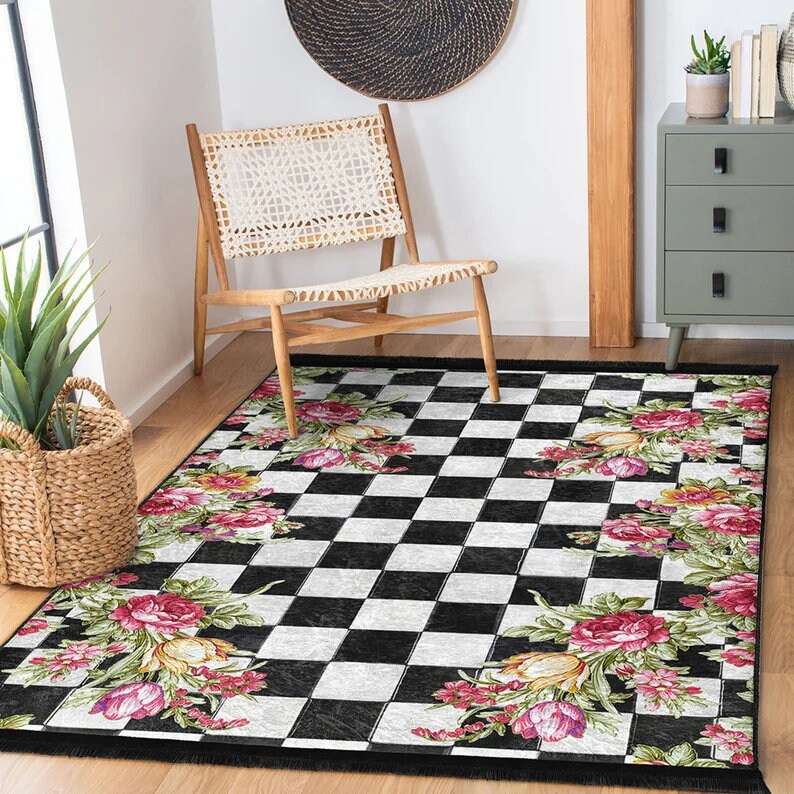 Checkered Floral Runner Rug: Black White With Pink Flowers - Etsy