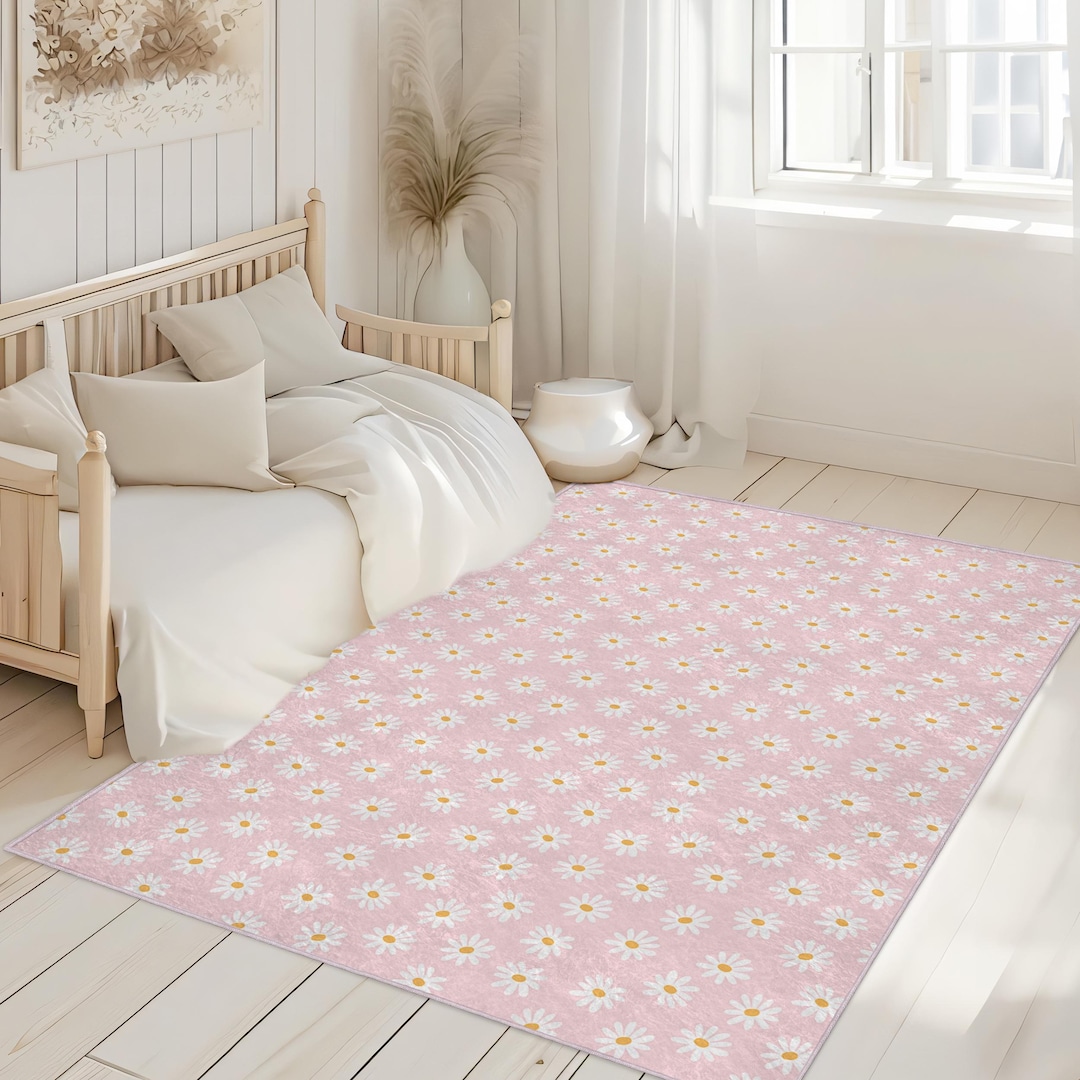 Floral Kids Room Rug, Daisy Flower Girls Room Rug, Anti-slip Nursery ...