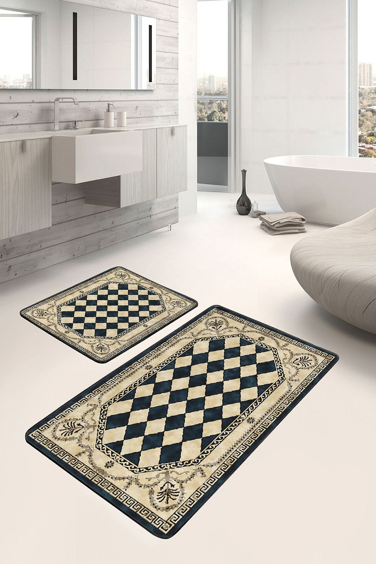 Geometric Bath Mat, Vintage Style Bathroom Mat, Checkered Non-slip Bath ...