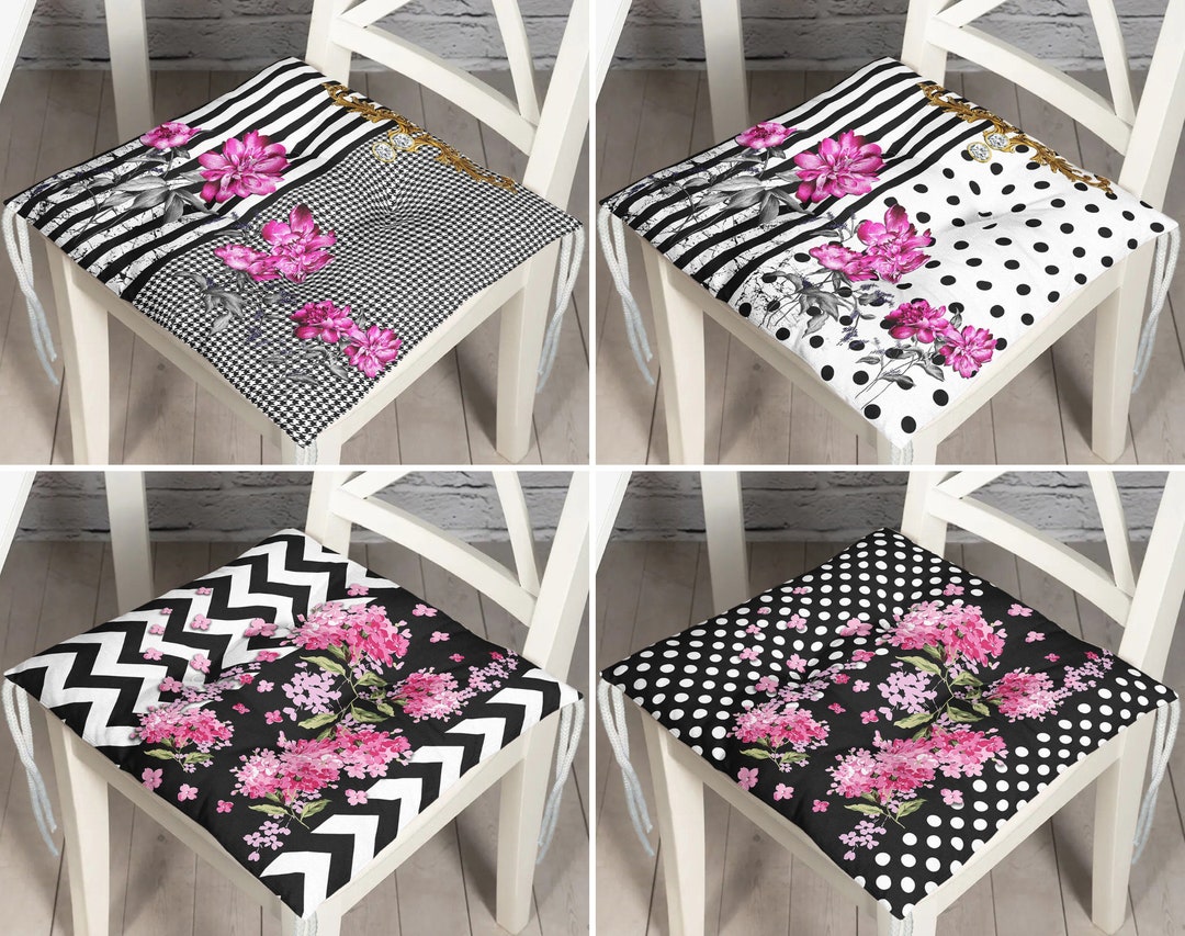 Pink Flowers Style Chair Pad, Black White Polka Dot Kitchen Chair Pad ...