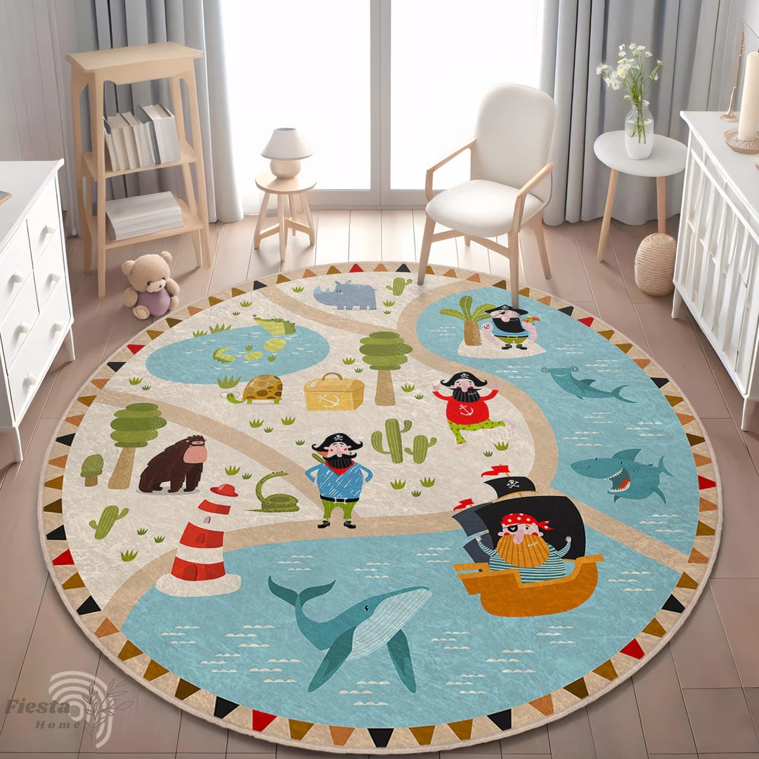 Pirate Kids Room Rug, Pirates Treasures Map Nursery Rug, Shark and ...