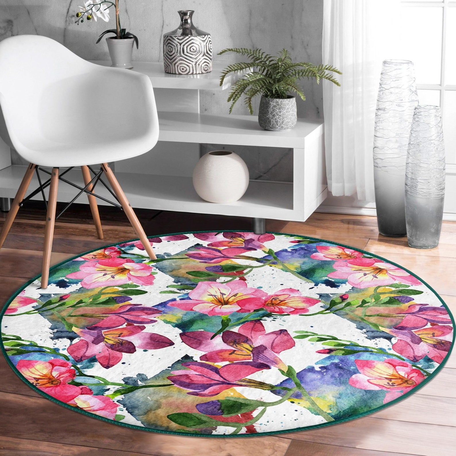 Watercolor Floral Round Rug, Non Slip Colorful Flowers Circle Rugs ...